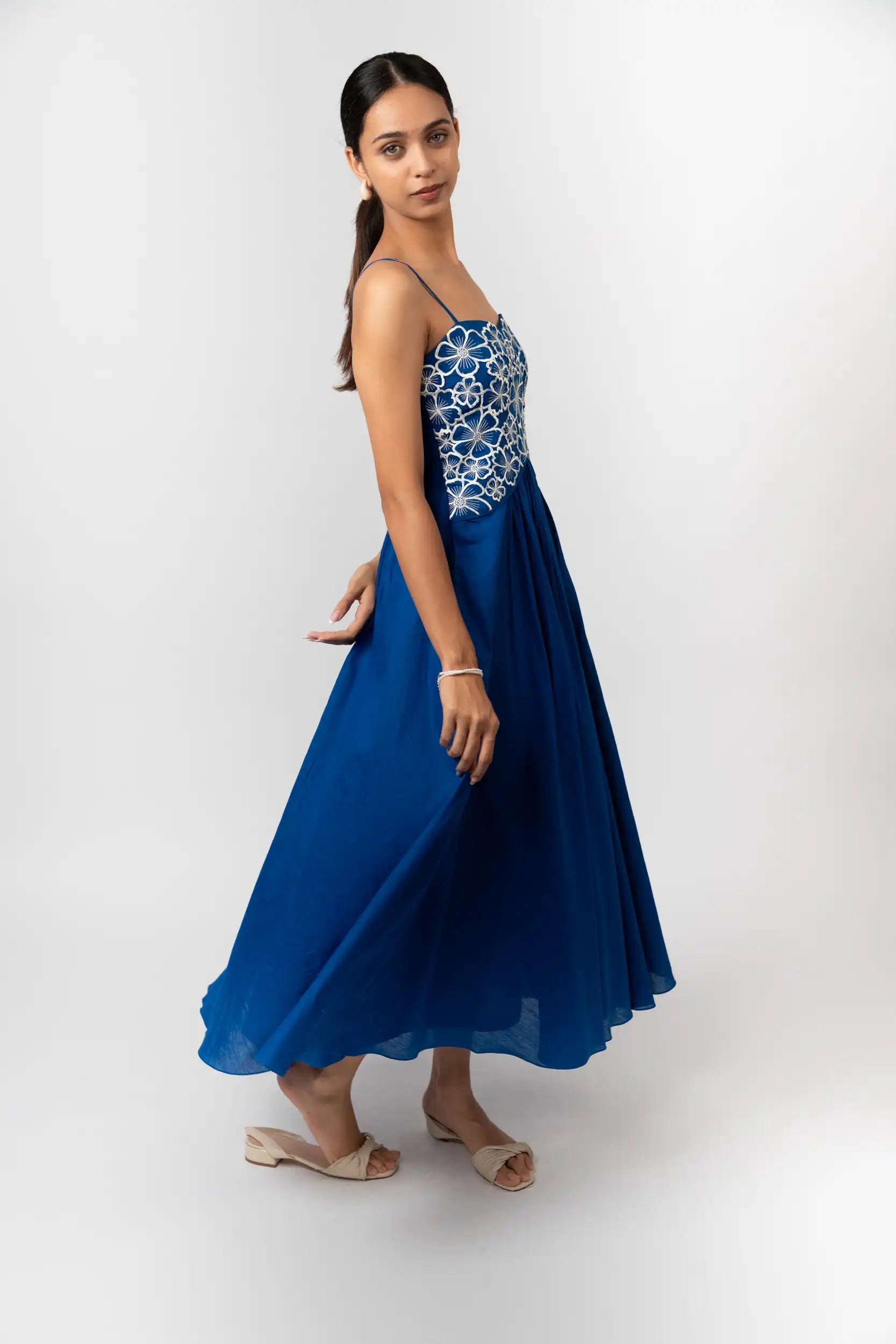 LINEN COTTON | COBALT BLUE | EMBROIDERED | STRAPPY MIDI DRESS | EVENING ...